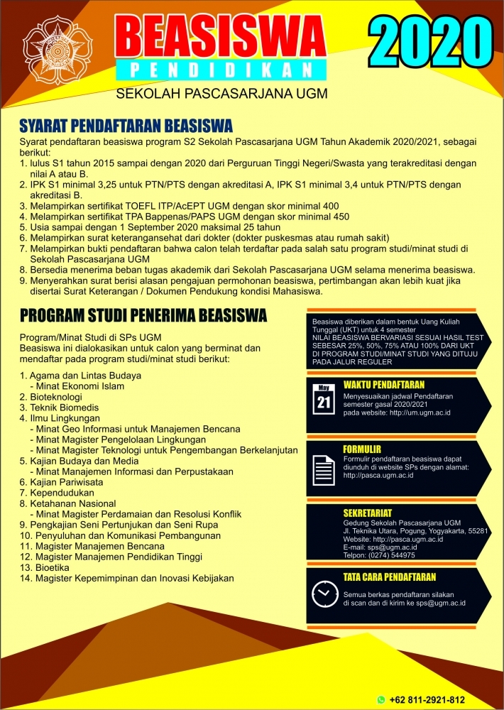 Beasiswa S2 Sekolah Pascasarjana UGM TA 2020/2021 – Sekolah Pascasarjana